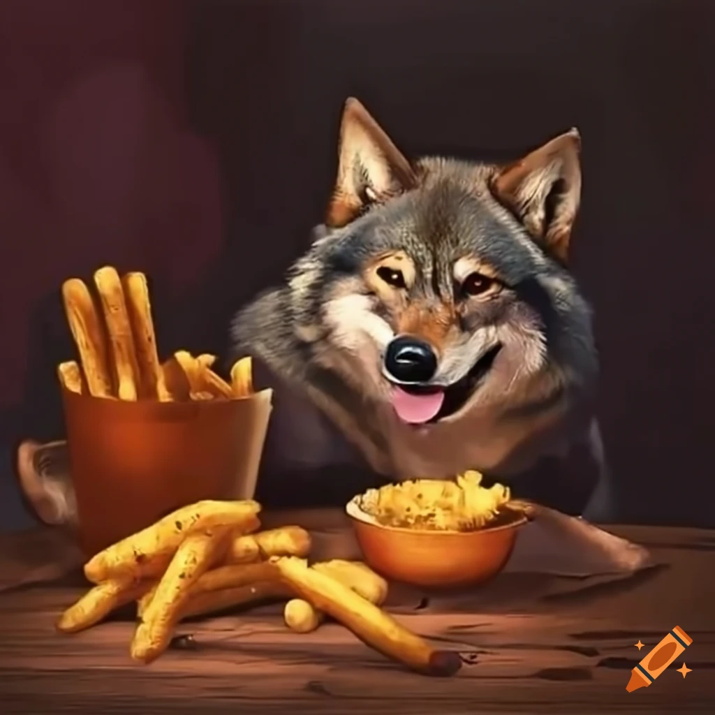 Wolf eating french fries on Craiyon