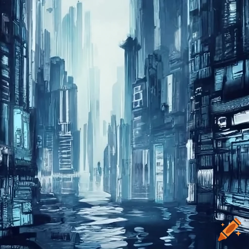 Realistic dystopian city with skyscrapers low perspective on Craiyon