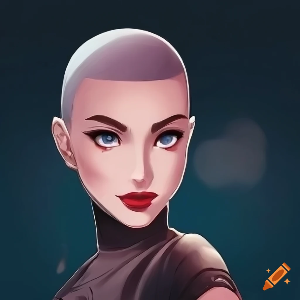 Anime-style illustration of a woman with a shaved head in a barbershop ...