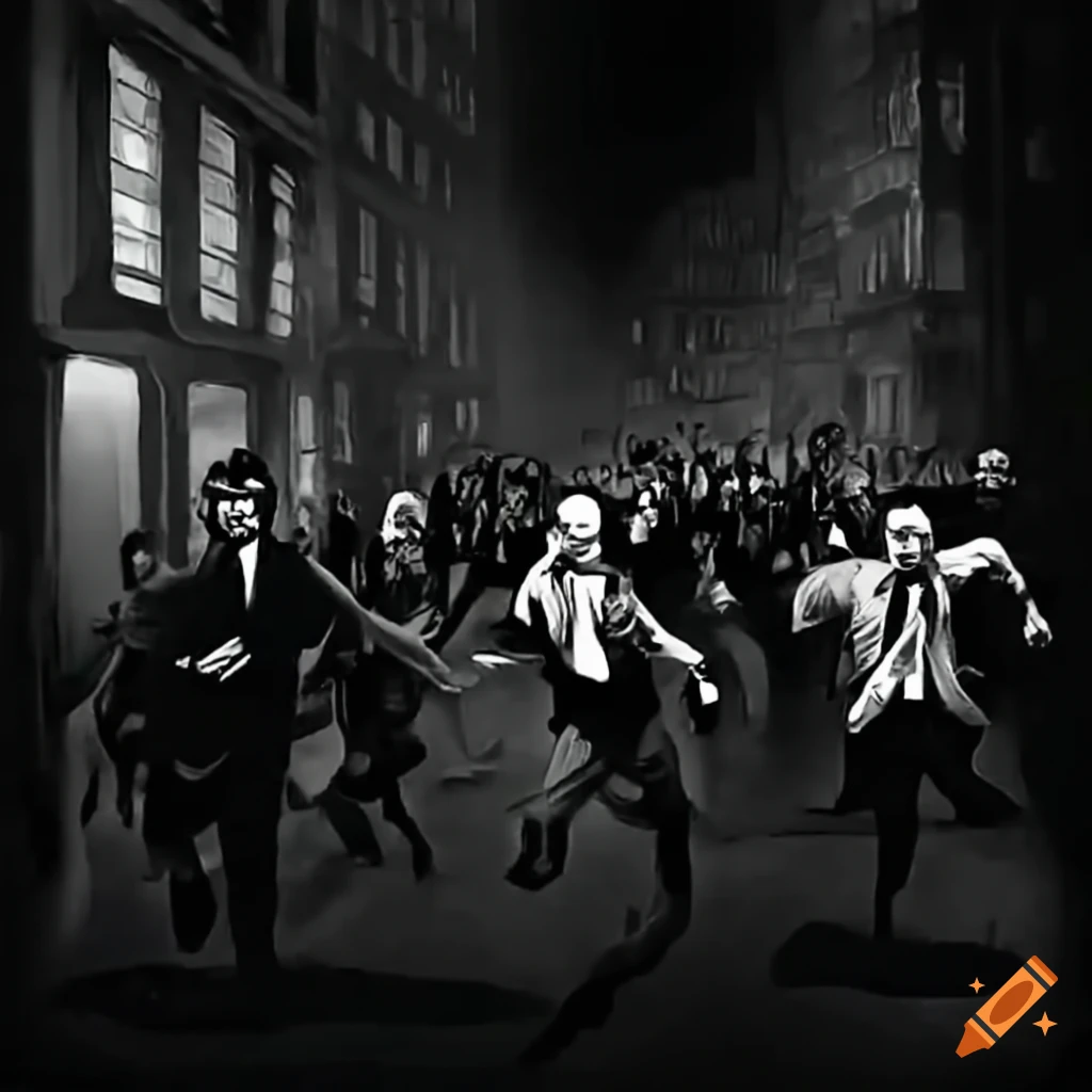 Image of a crowd chasing businessmen in a dark city street on Craiyon