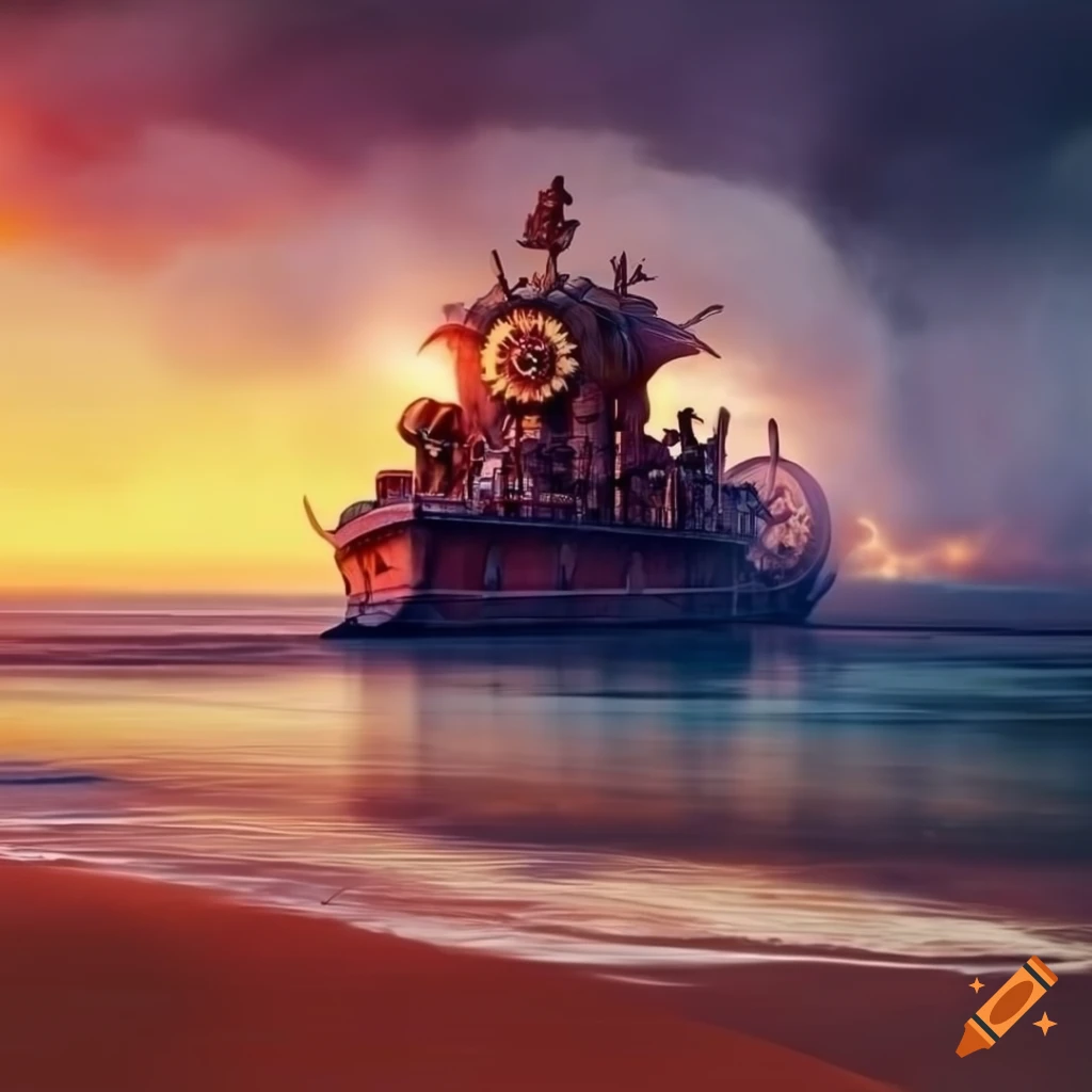 Surreal steampunk artwork with giant boat and crabes on beach on Craiyon