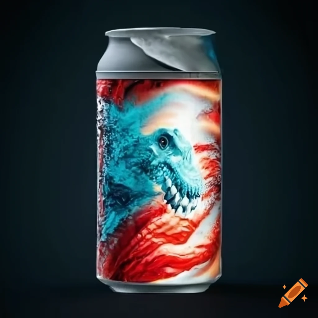 Soda can with T-rex image and flames on Craiyon