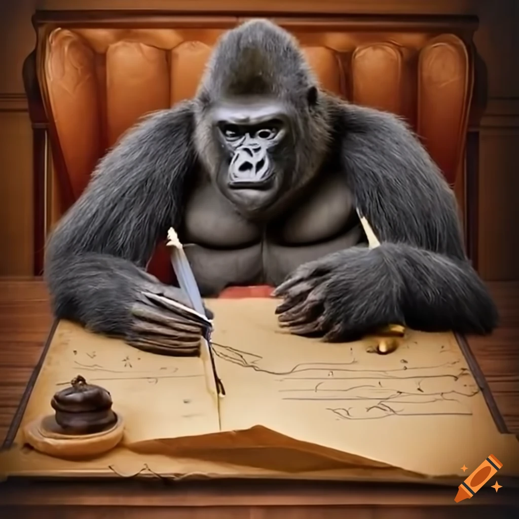 Gorilla writing in old courtroom on Craiyon