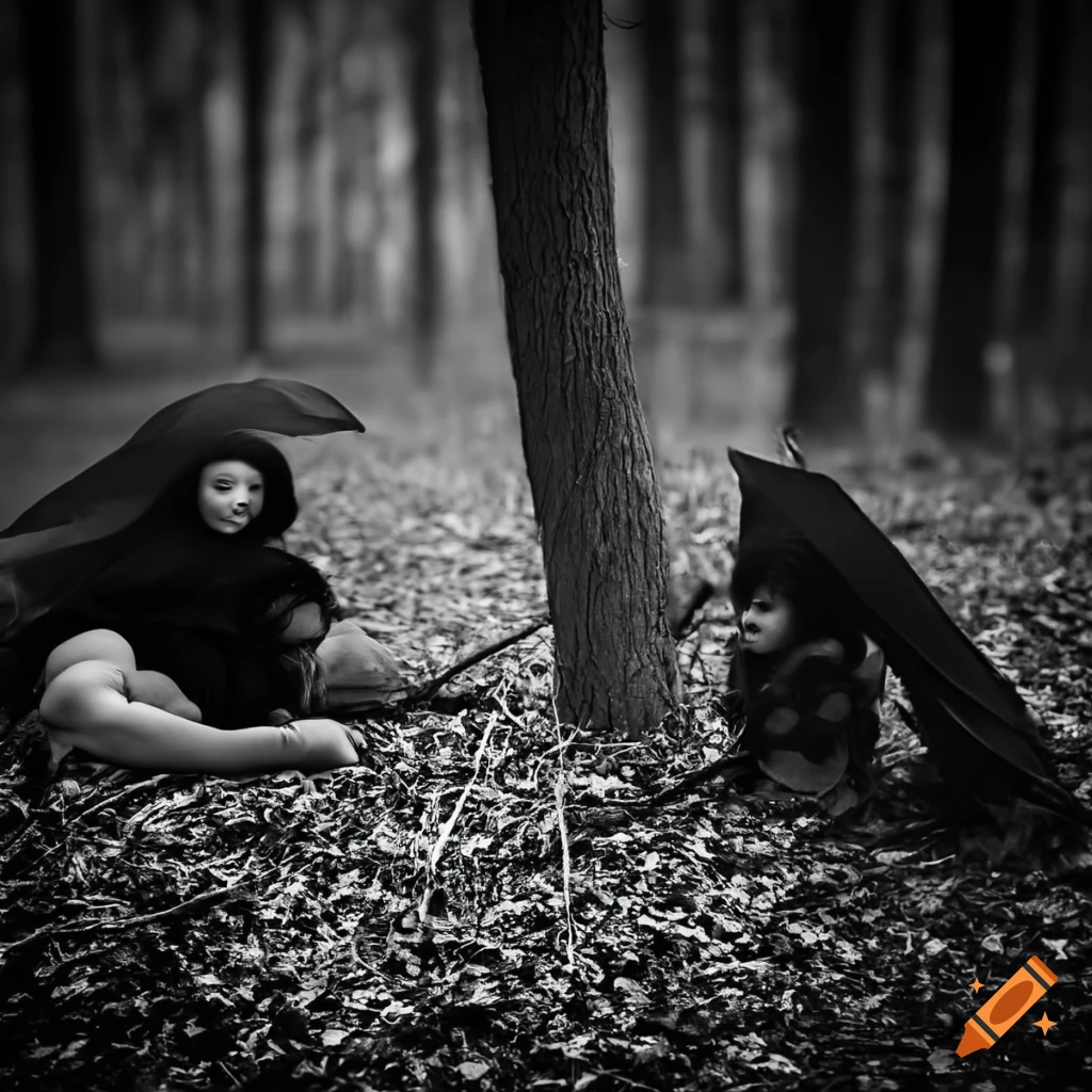 Black and white photo of a bat and child in the woods on Craiyon