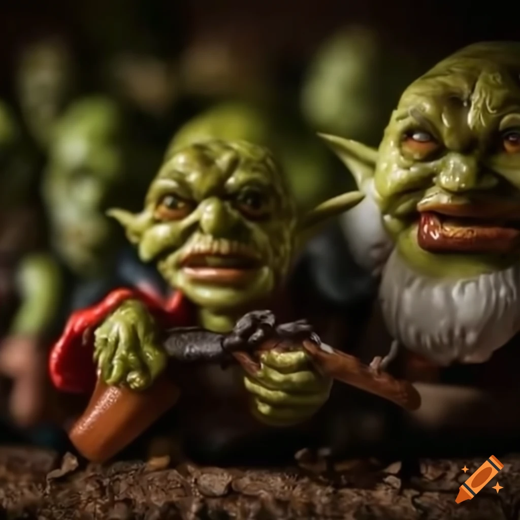 Illustration of goblins and gnomes preparing for a battle on Craiyon