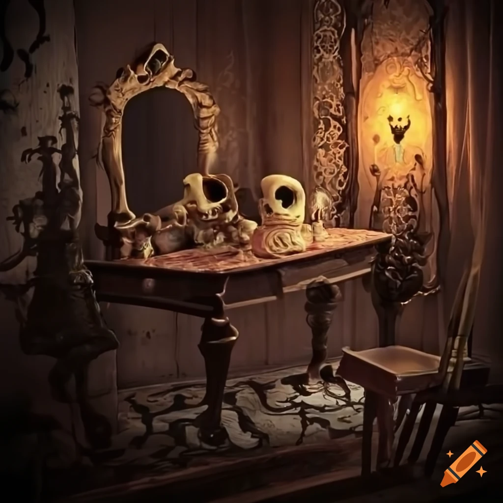 Spooky room with a vanity and skeleton on Craiyon