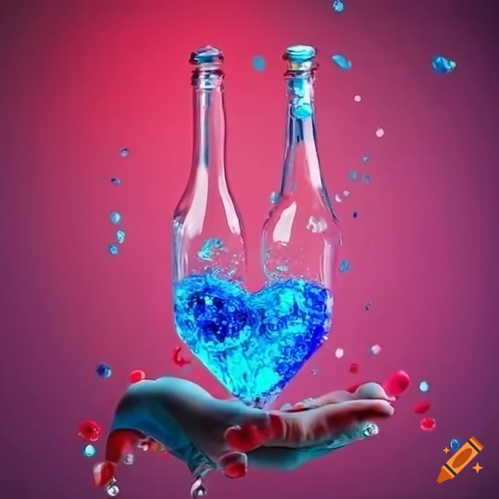Sparkling bottles forming a heart shape with red and blue liquids on ...