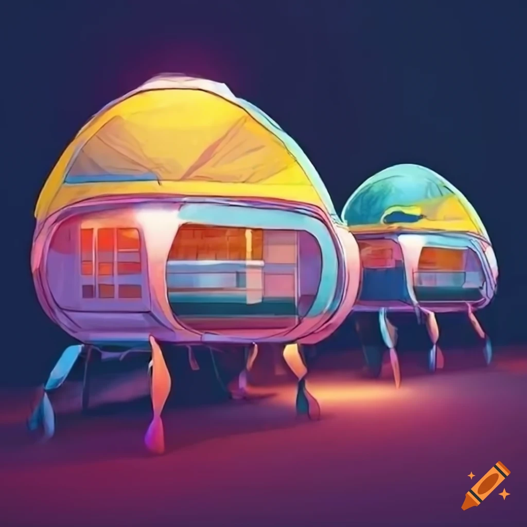 Japanese retro futuristic modular pop-up camper space colony pod on Craiyon