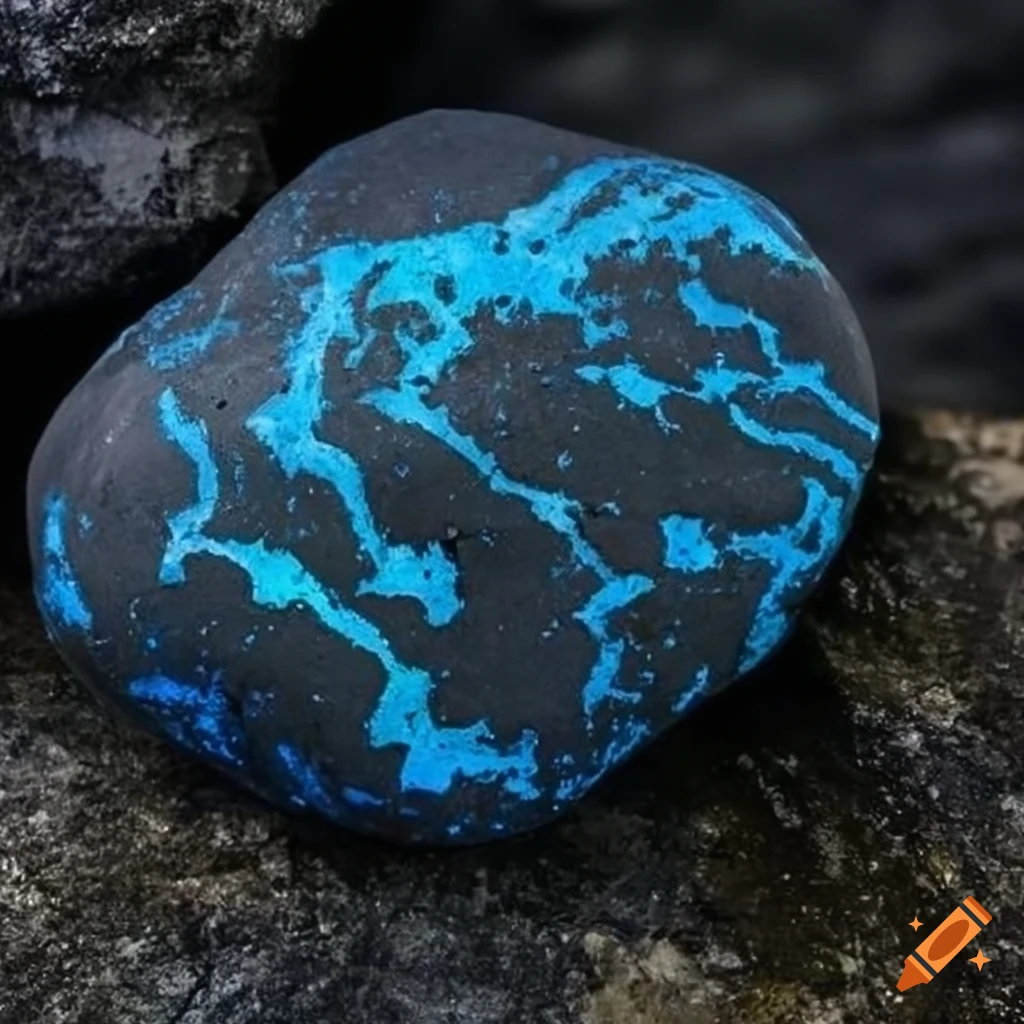 Black spray-painted rock with blue cracks on Craiyon