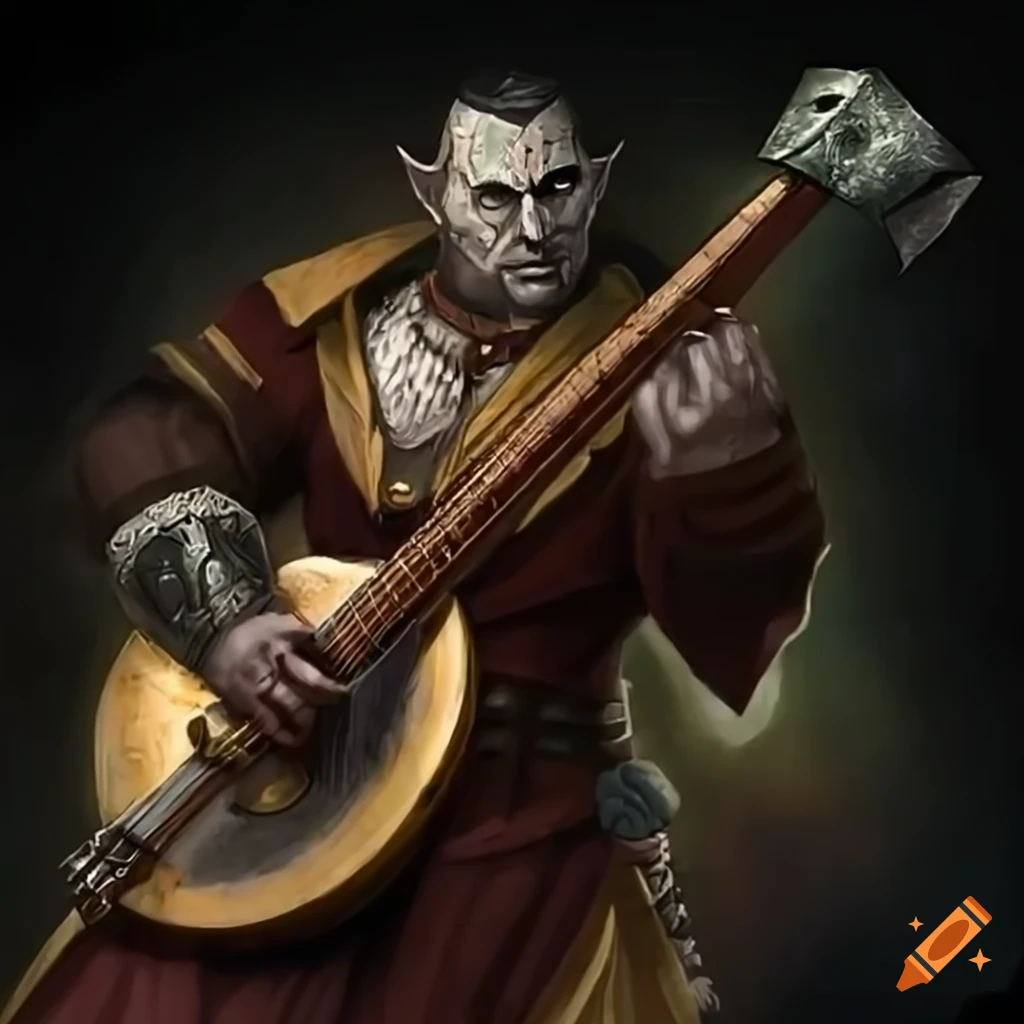 Goliath Bard playing a war-axe-guitar on Craiyon