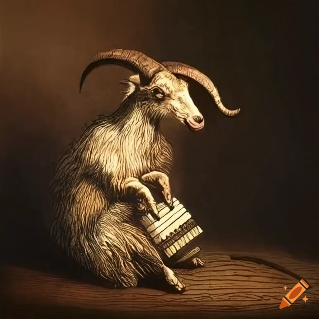 Engraving of a goat playing accordion