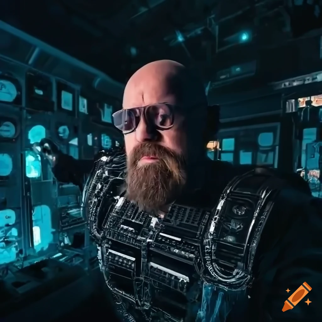Photo of a bearded man on a space station console on Craiyon