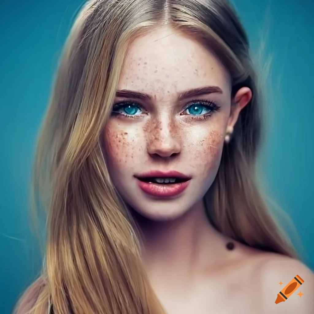 Portrait Of A Beautiful Young Woman With Freckles And Blonde Hair On