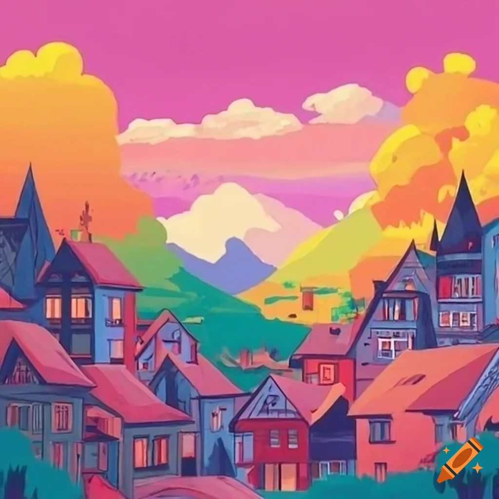 Colorful landscape with houses and mountains on Craiyon