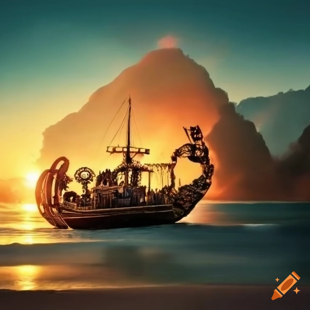 Surreal steampunk artwork with giant boat and crab sculptures on the ...