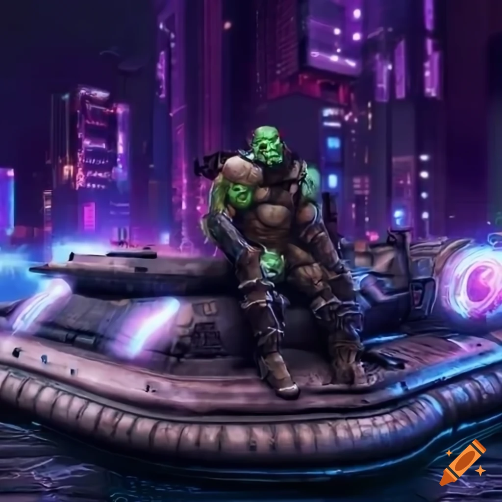 Photorealistic artwork of an orc riding a futuristic hovercraft in a ...