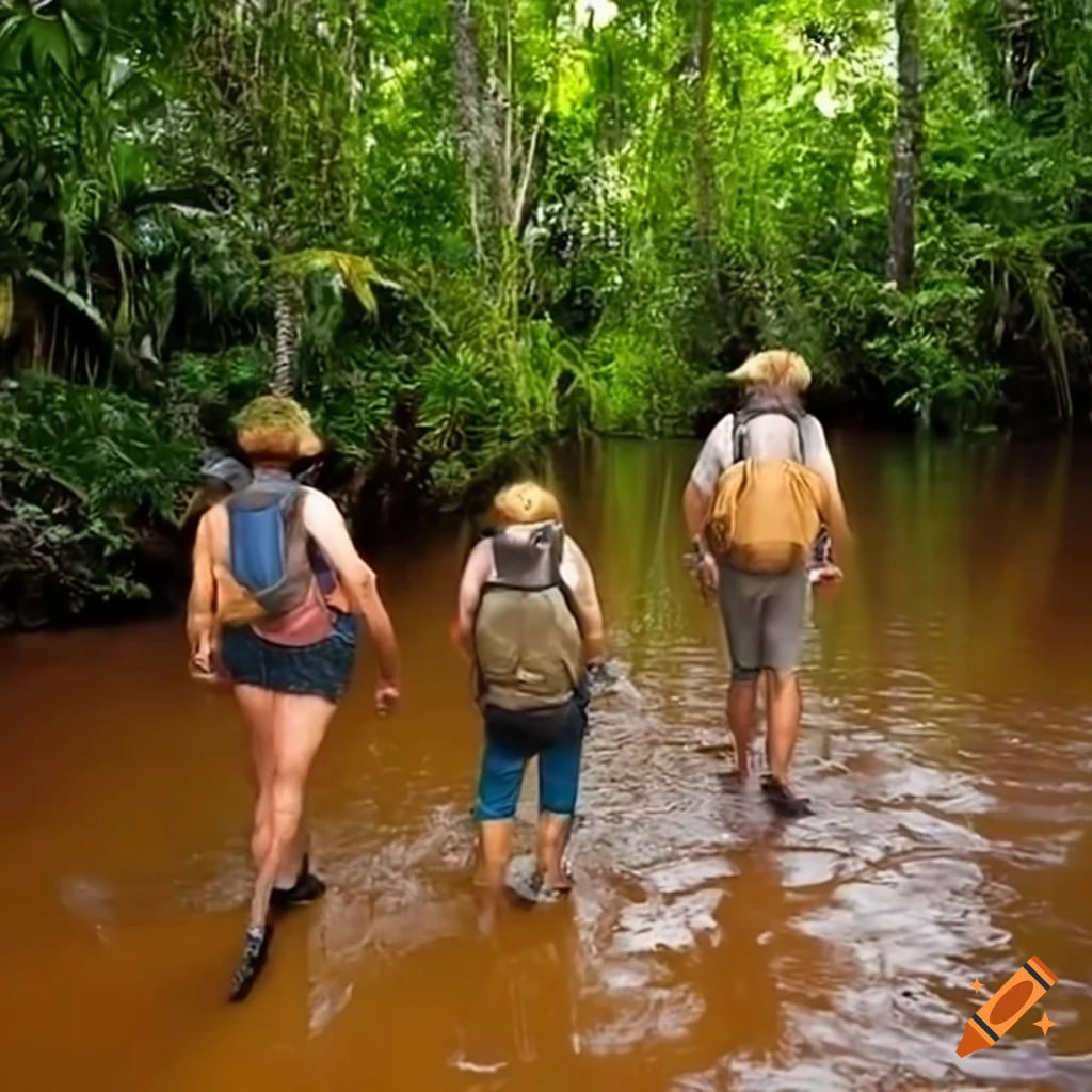 Three tourists exploring the Amazon rainforest on Craiyon