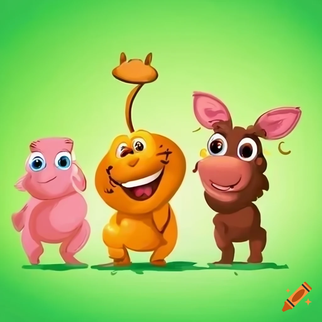 Three smiling animals in a cartoon style on Craiyon