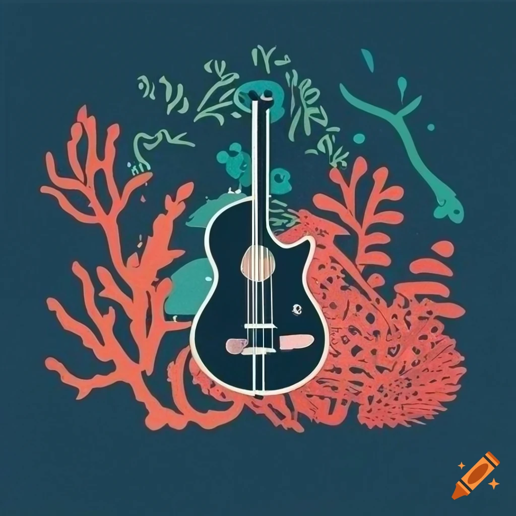Minimalist underwater guitar illustration with corals and musical notes ...