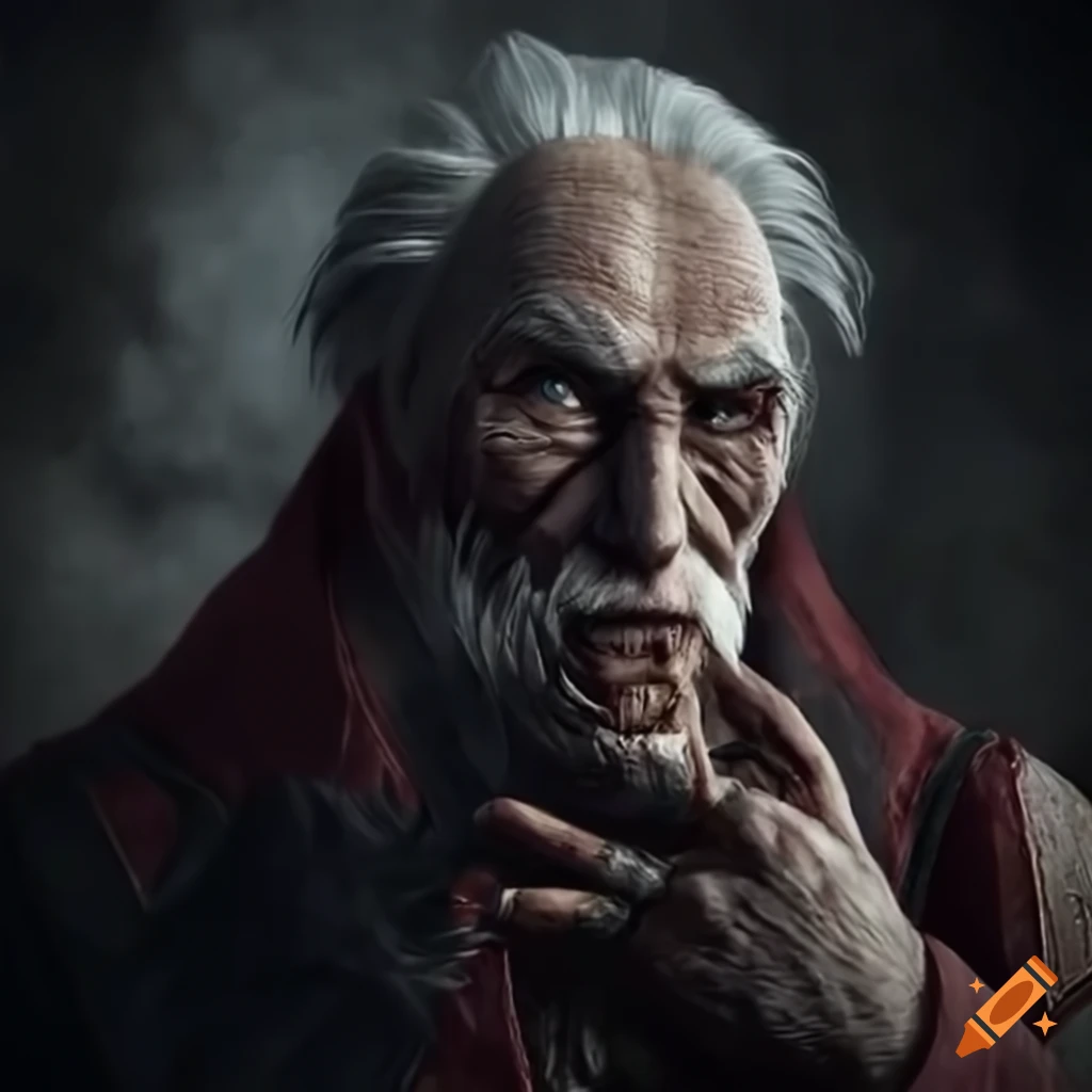 Art of an older male Dungeon Master in a fantasy setting on Craiyon