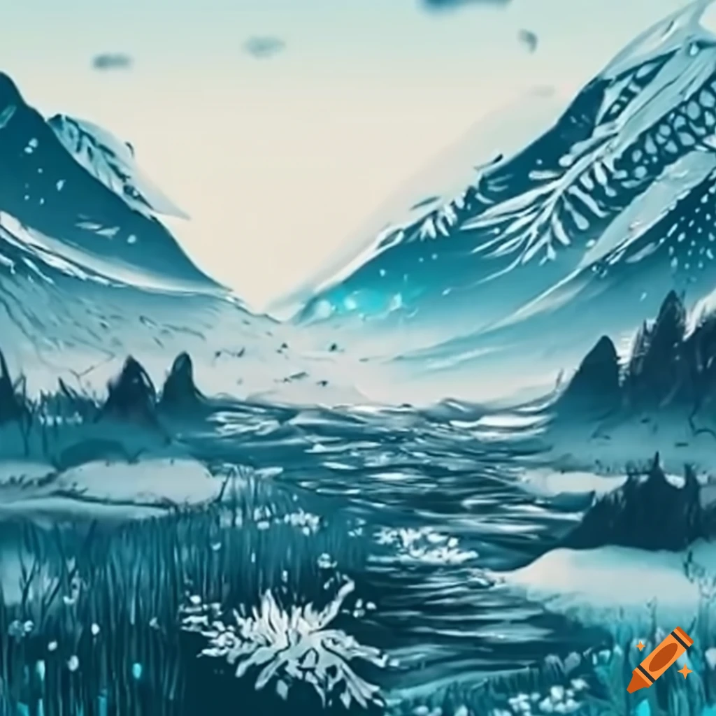 Nordic landscape with white and blue flowers