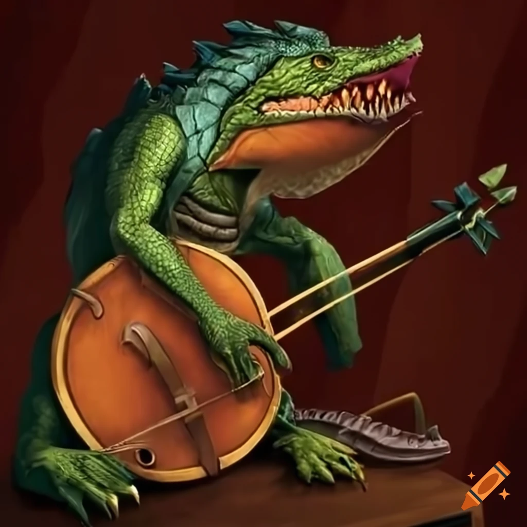 Dragonborn lizard playing the cello on Craiyon