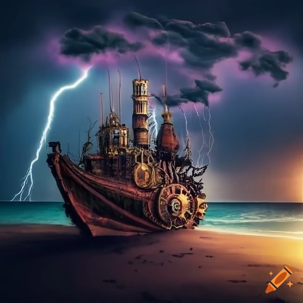 Steampunk machines on a giant boat with surreal sky and mountains on ...