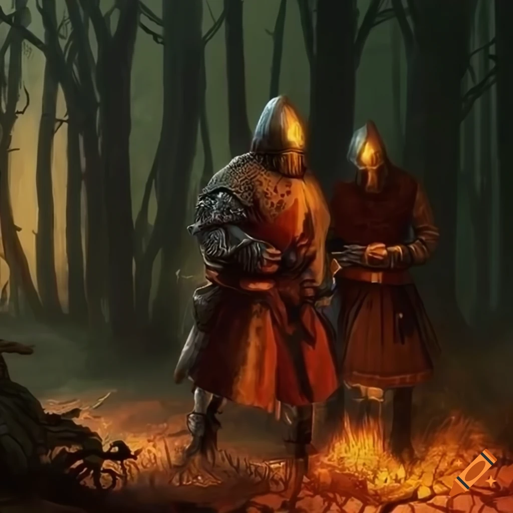 Medieval rangers gathered around a fireplace in the forest at dawn on ...