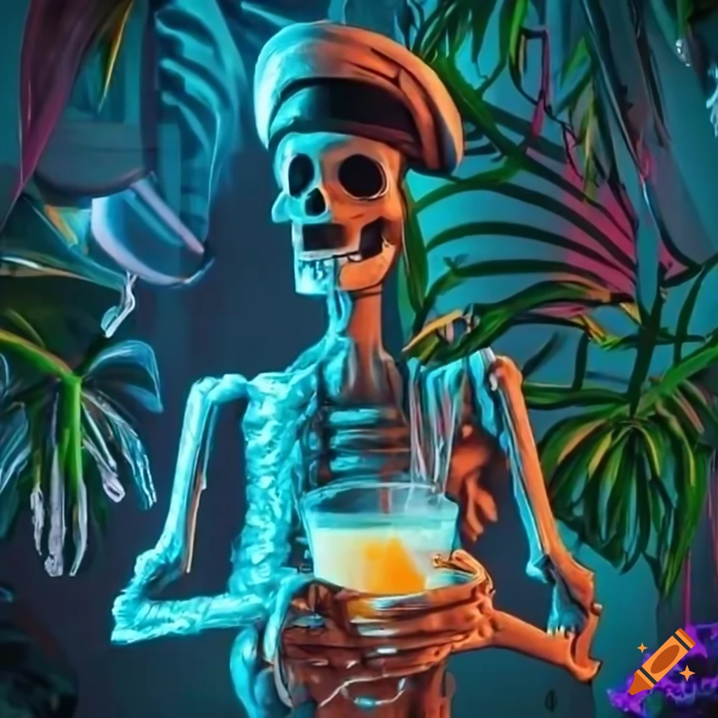 Laughing skeleton in a black leather jacket with a bottle of whiskey on ...