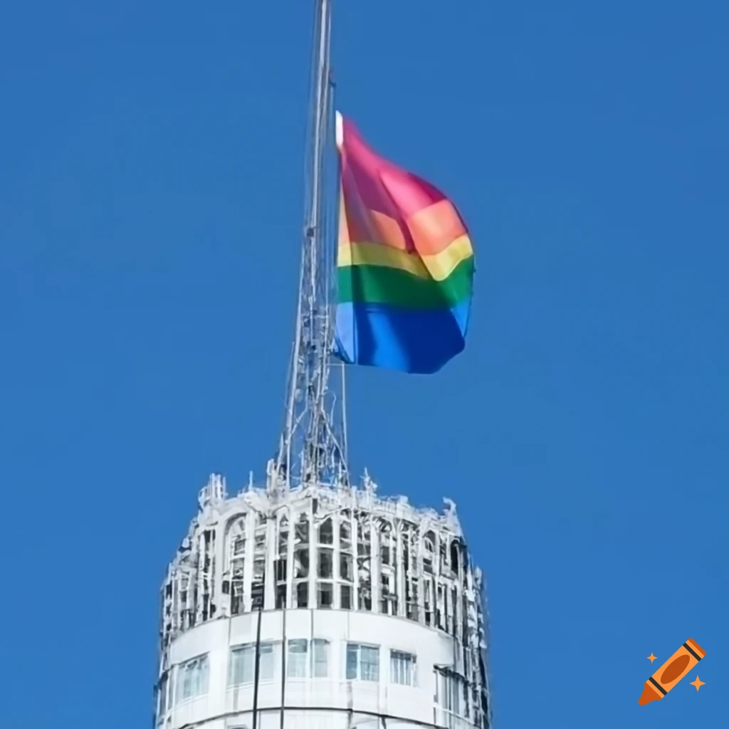 Image of a pride parade near a transmission tower