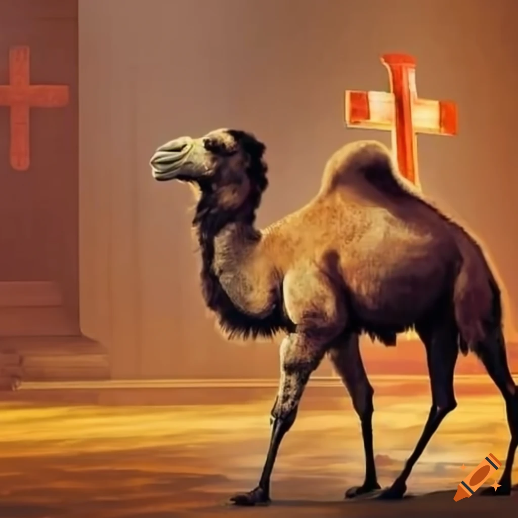 Camel in a chapel with religious symbols