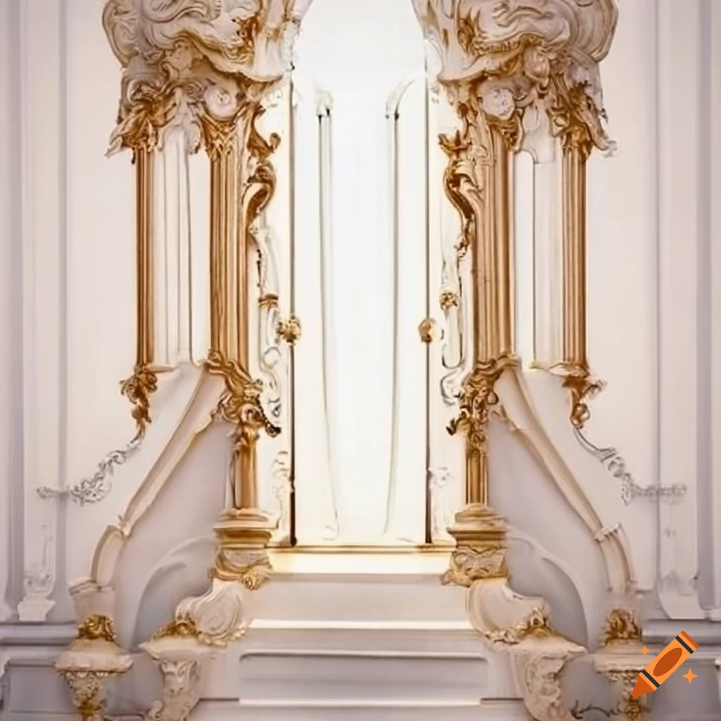 Elegant rococo interior with grand staircase and altar on Craiyon