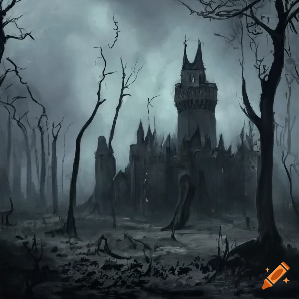 Dark castle in a gloomy forest during a storm