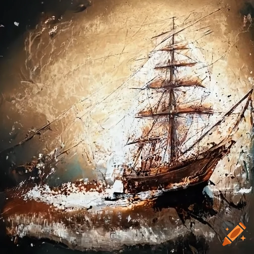 Abstract silver and white splatter painting of ship in a storm on Craiyon