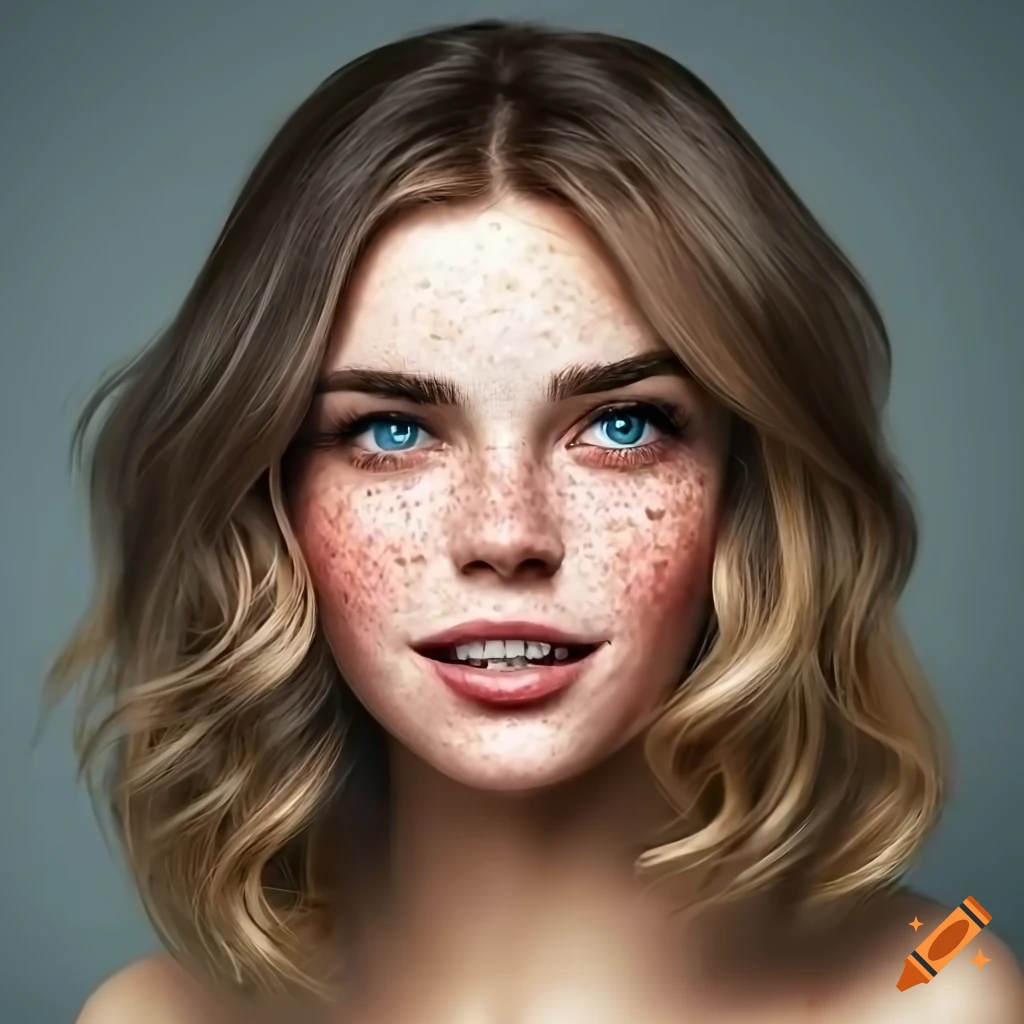 High-resolution portrait of a beautiful young woman with freckles on ...