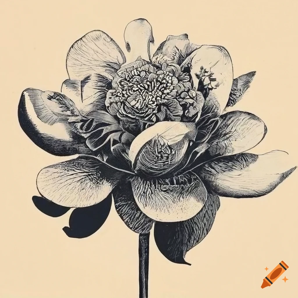 Intricately carved linocut print of delicate flowers and foliage on Craiyon