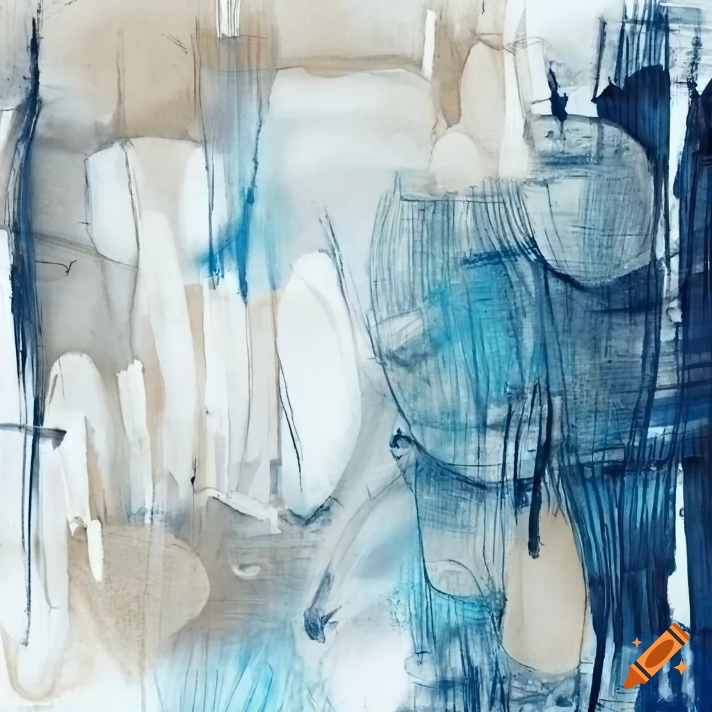 Abstract mixed media art with white and blue tones on Craiyon