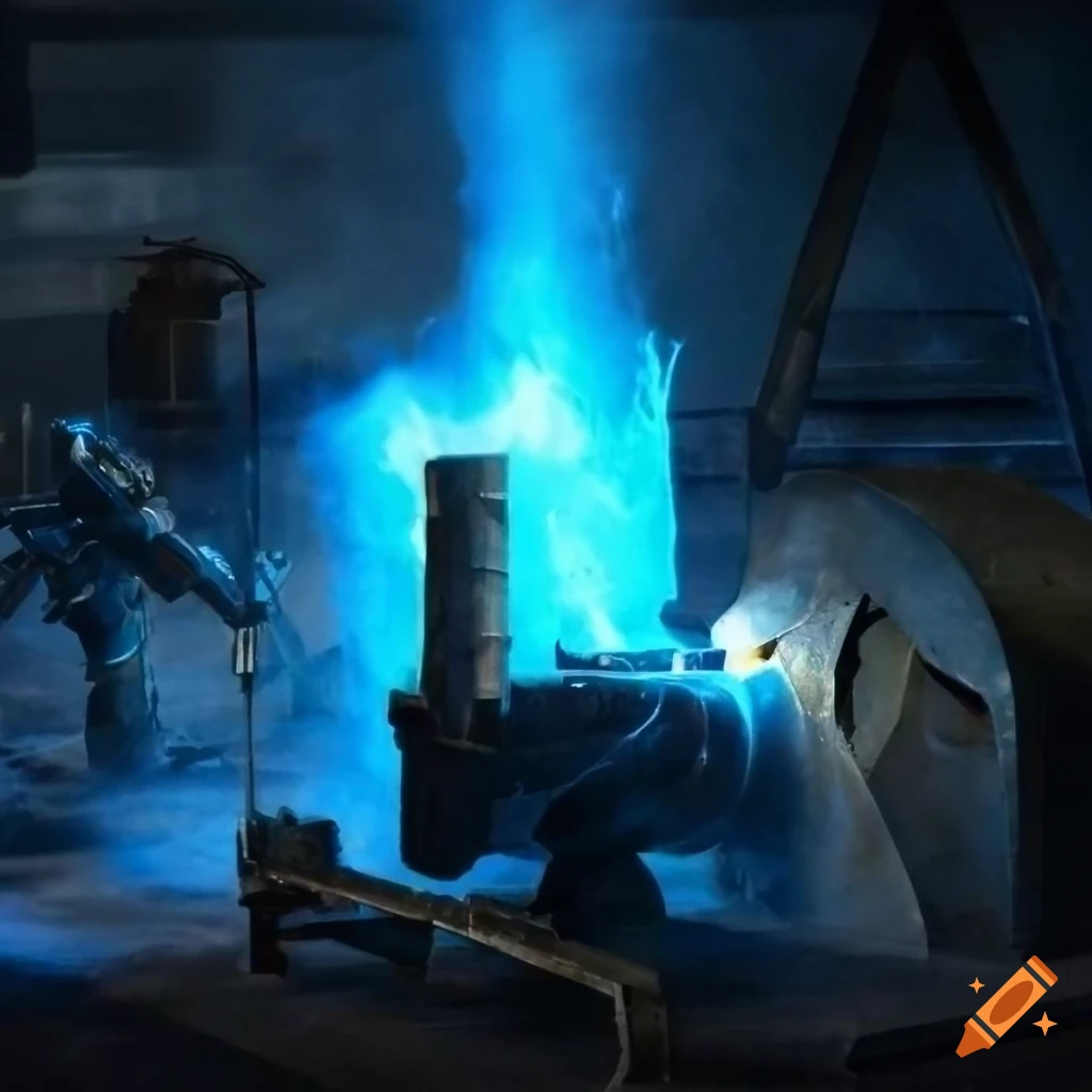 Blue fire forge with smiths crafting weapons on Craiyon
