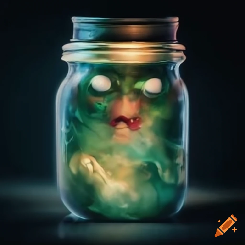 Cute monster,in a jar,close up,laboratory,dark,lights,fantasy art on ...