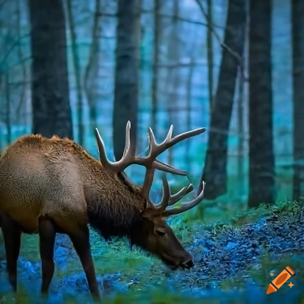 Stunning elk with impressive antlers in natural habitat at dawn on Craiyon