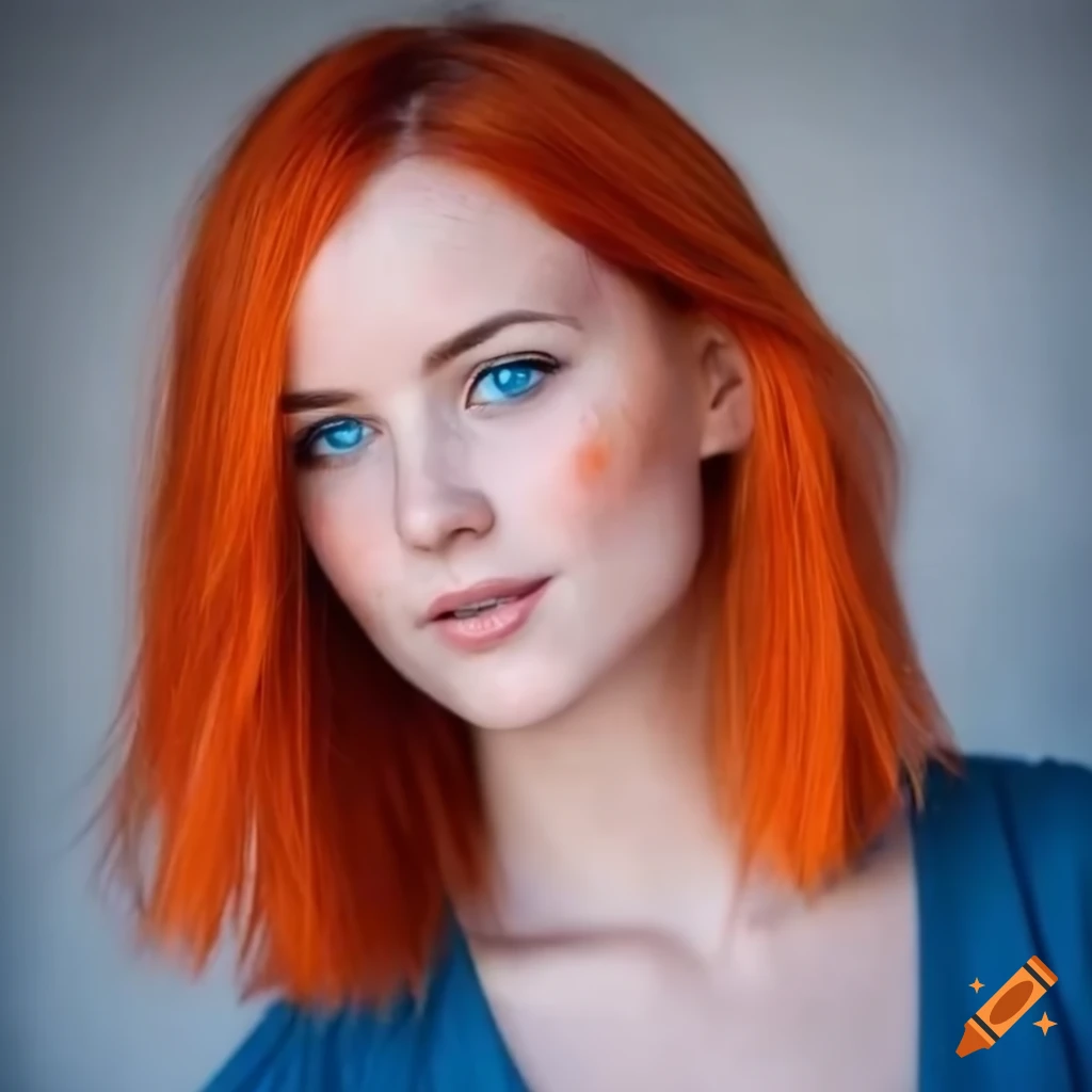 Portrait Of A Beautiful Woman With Red Bob Hair And Dark Blue Eyes