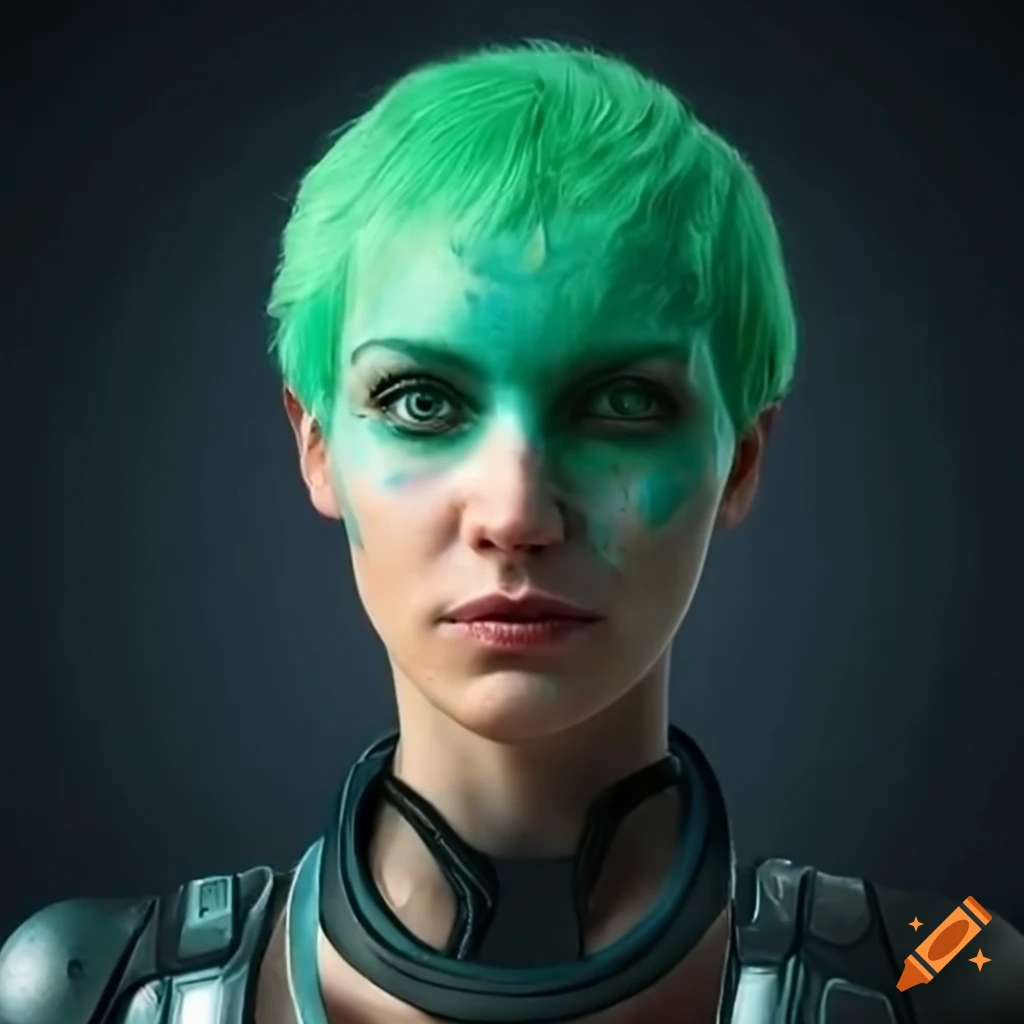 Digital illustration of a futuristic woman with green hair and green eyes