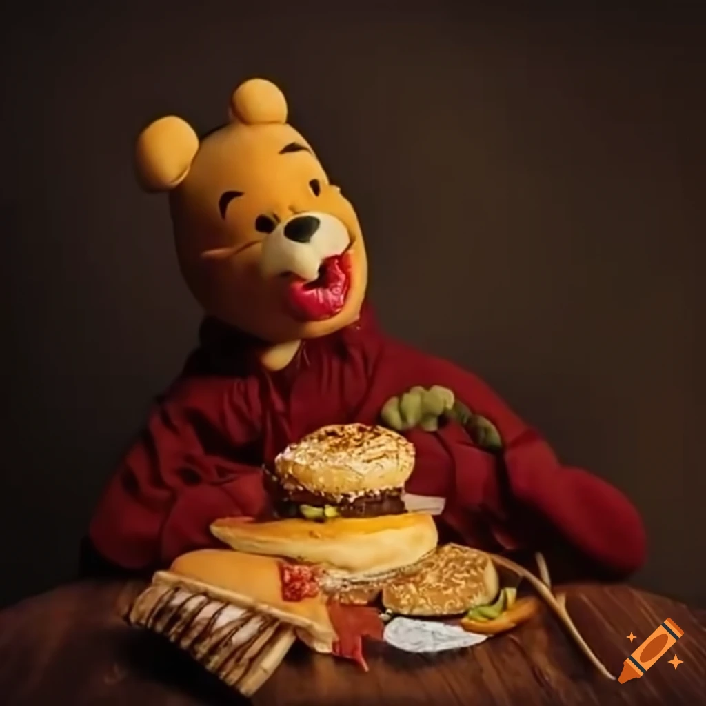 Winnie the pooh enjoying a hamburger