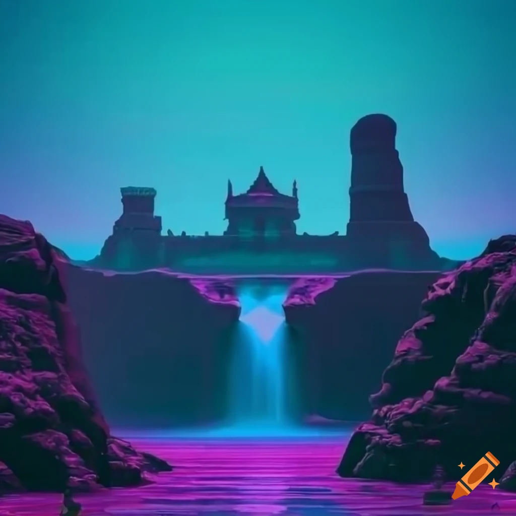 Vaporwave art of an ancient desert palace with waterfalls on Craiyon