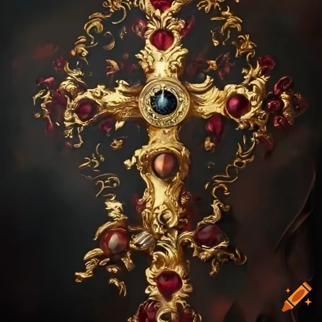 Baroque painting of a golden cross with jewels on dark background on ...