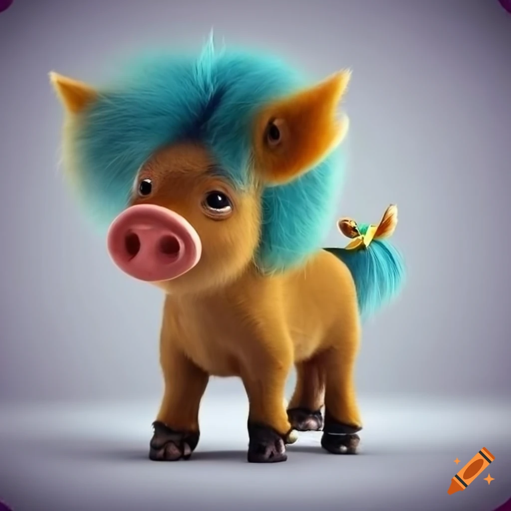 Cute baby pig pony with mustard colored fur and dark cyan mane