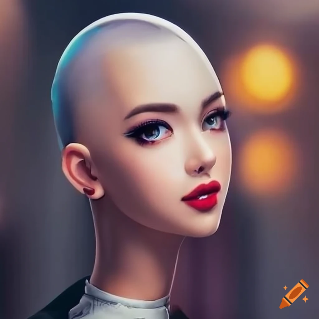 Anime-style illustration of a woman with a shaved head in a barbershop ...