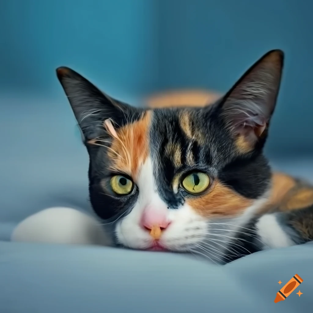 Calico cat playing with bird on a cozy blue bed on Craiyon