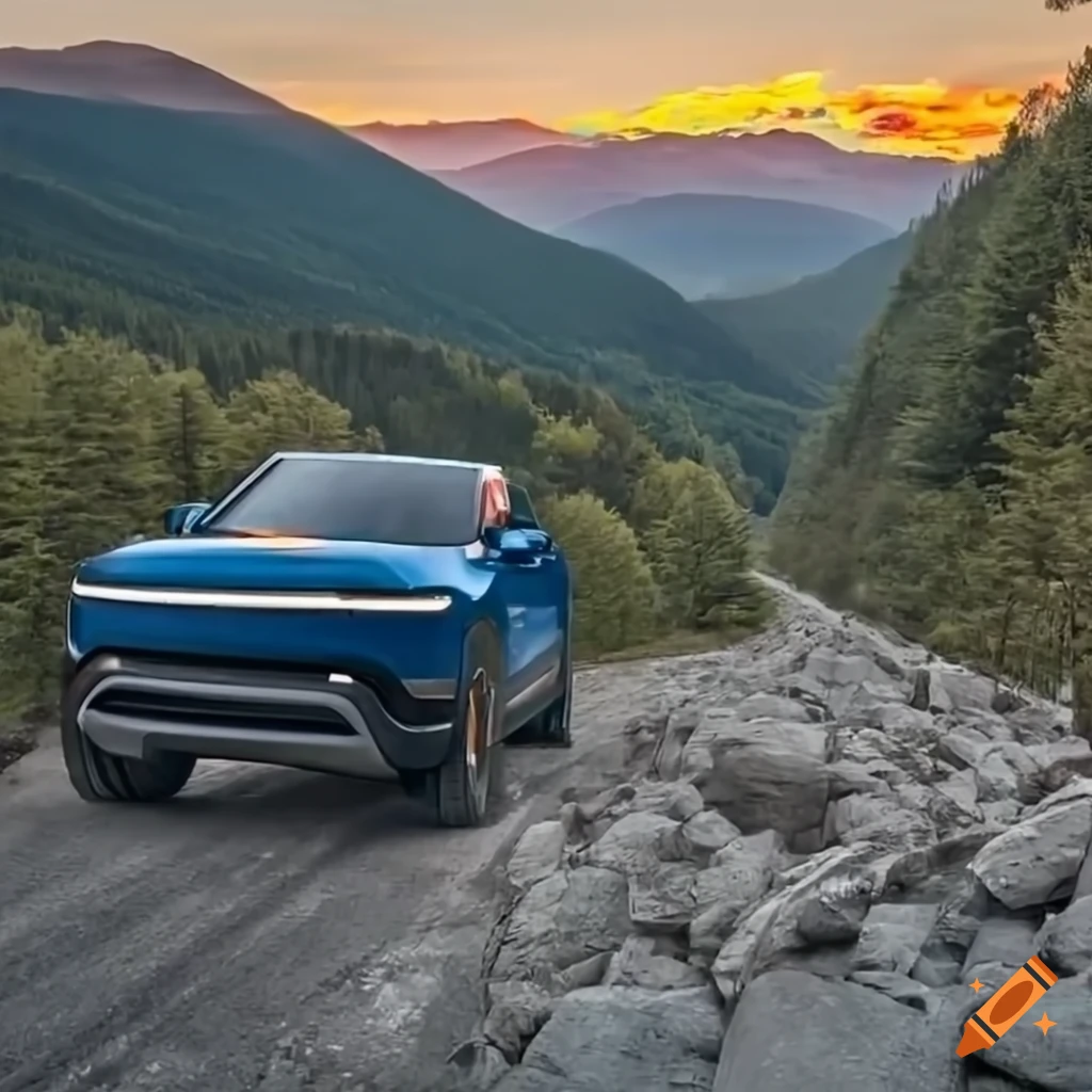 Blue rivian r1t on rocky road with a forested valley at sunset on Craiyon
