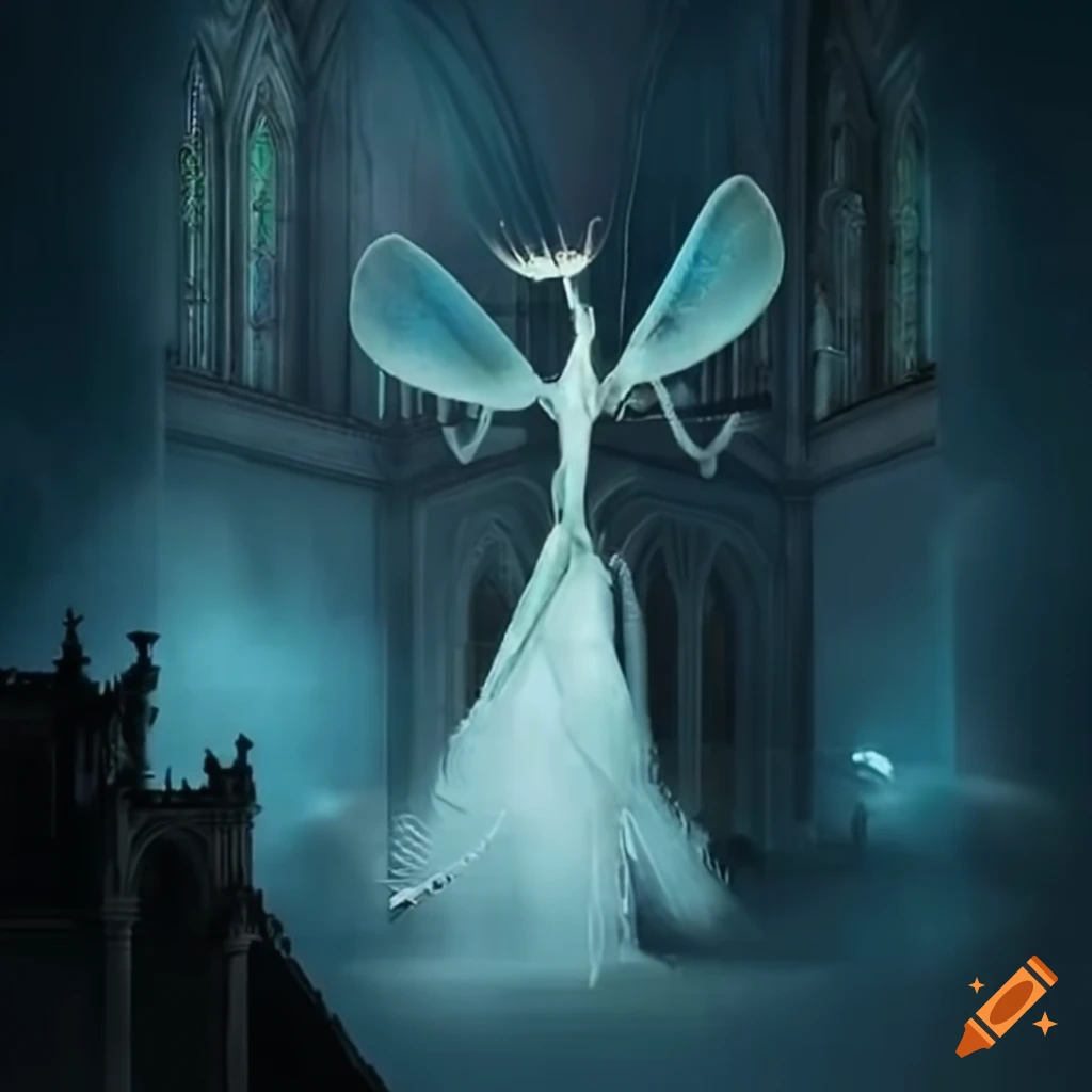 White mantis performing acrobatics in a gothic church on Craiyon